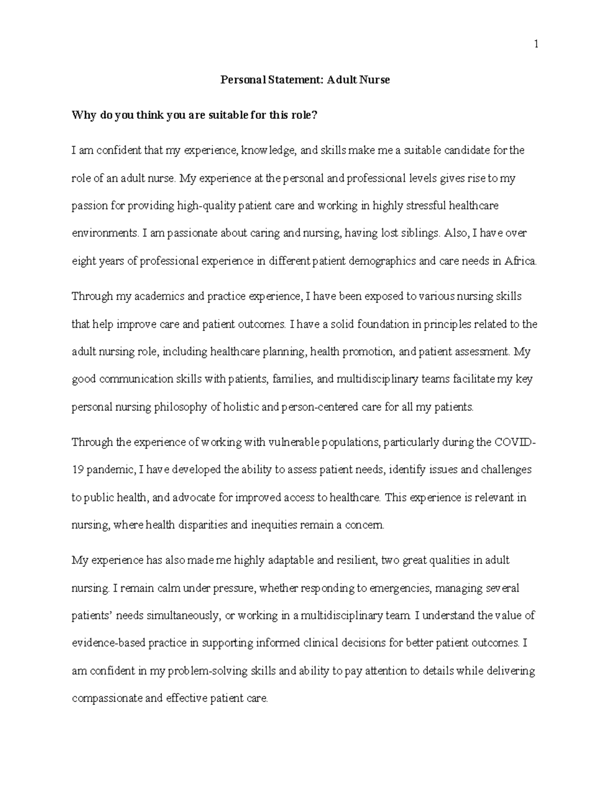 Personal Statement: Adult Nurse Application for NHS Role - Studocu
