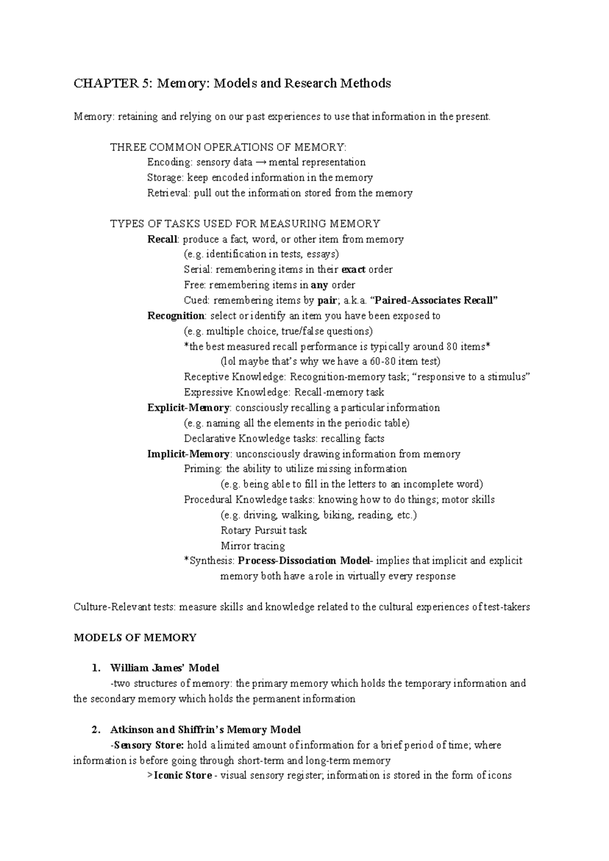 Cognitive-Psych-Chapters-5-6-reviewer - CHAPTER 5: Memory: Models and Research Methods Memory ...