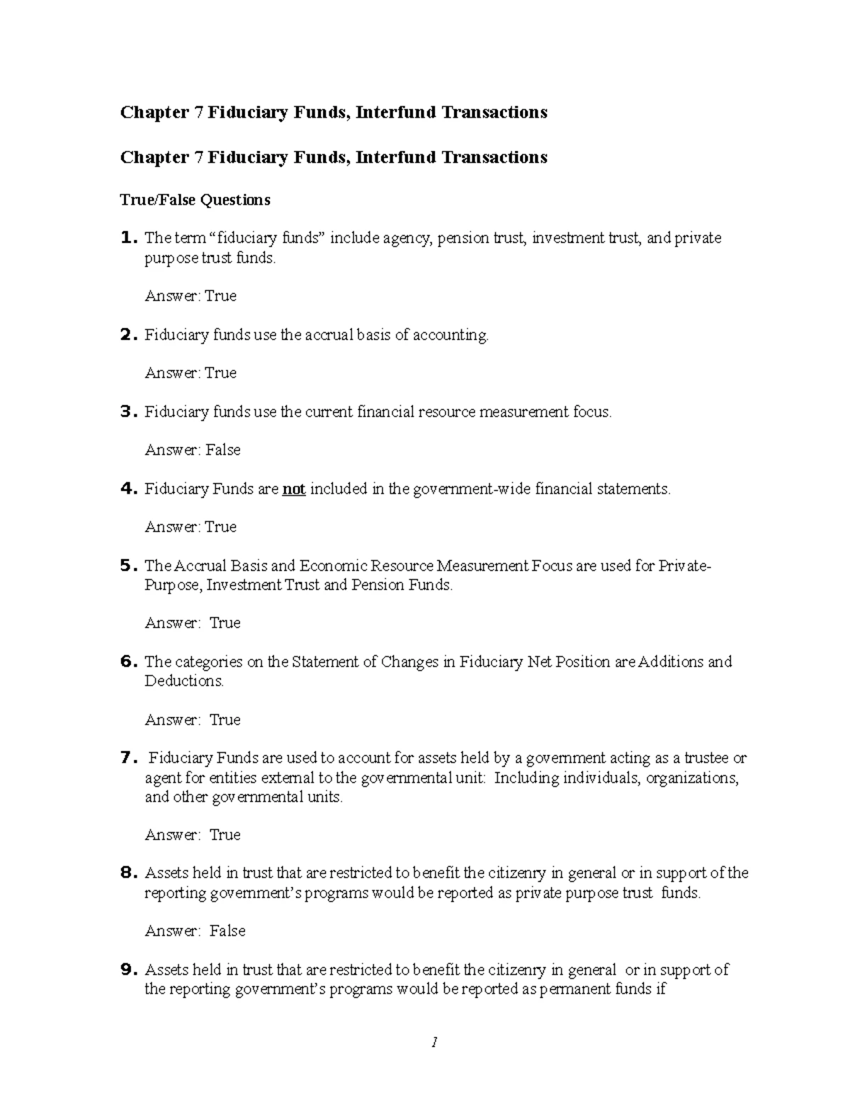 Test bank Chapter 7 12th ed - Chapter 7 Fiduciary Funds, Interfund ...