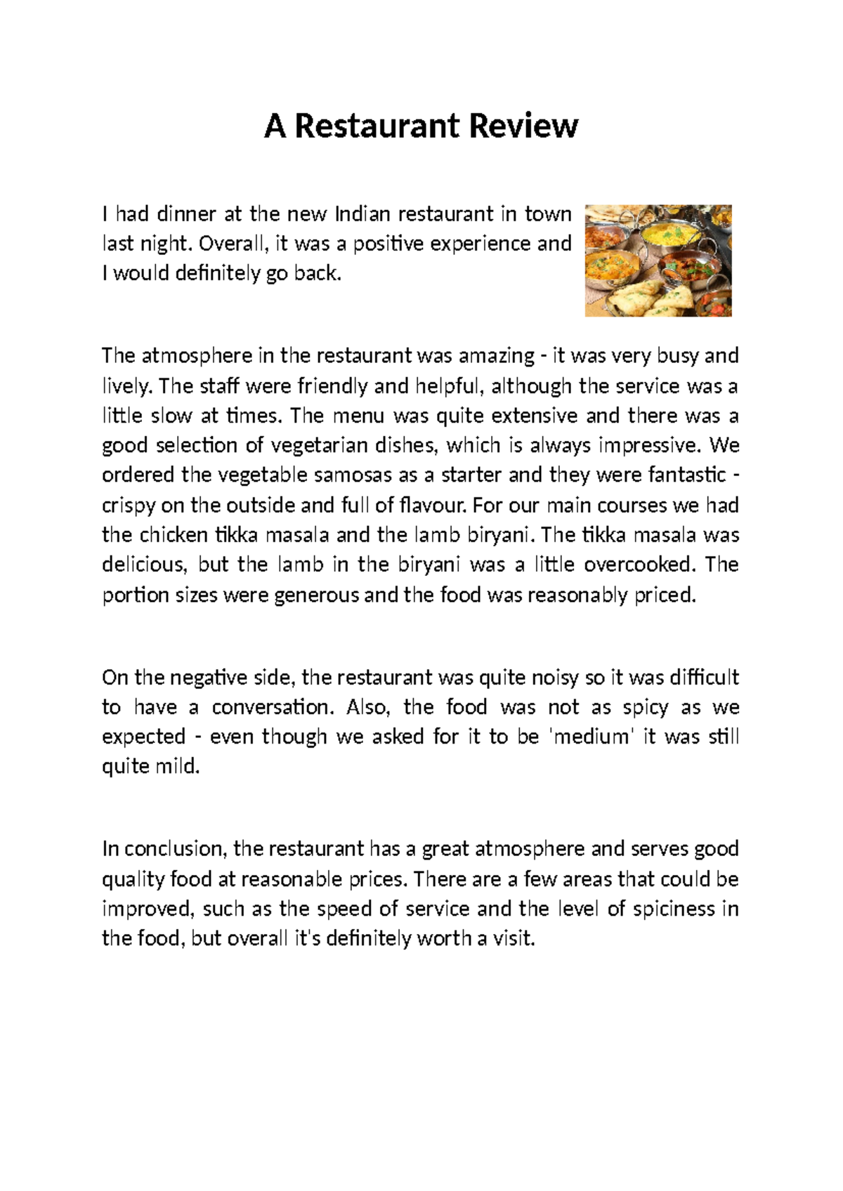 Restaurant Review for Settlement Topics: A Dinner Experience - Studocu