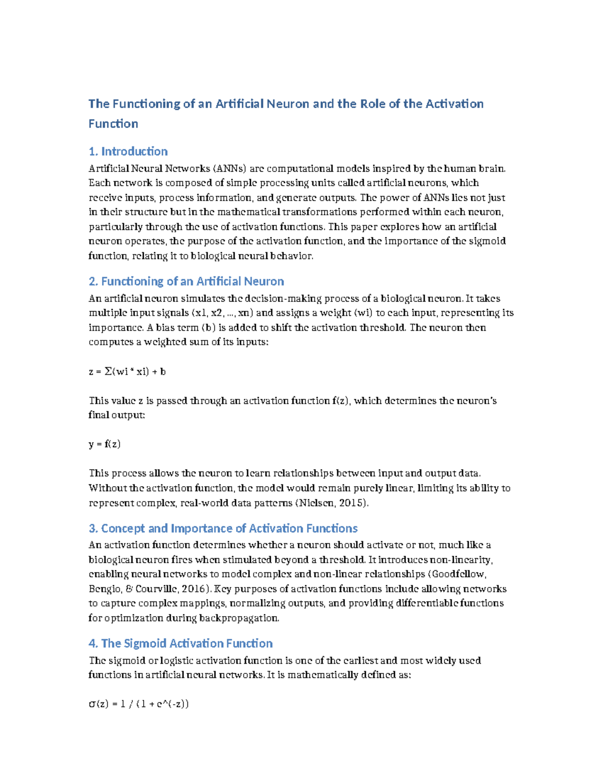 Artificial Neuron & Activation Functions: Understanding Their Roles - Studocu