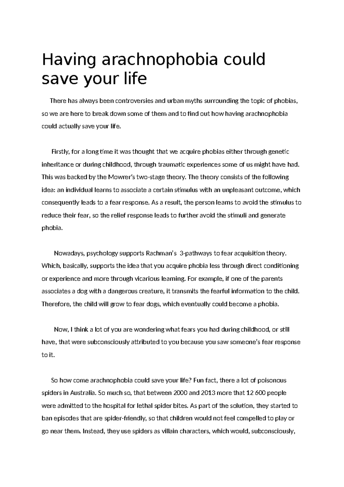 Arachnophobia: How Fear of Spiders Can Save Your Life - Studocu