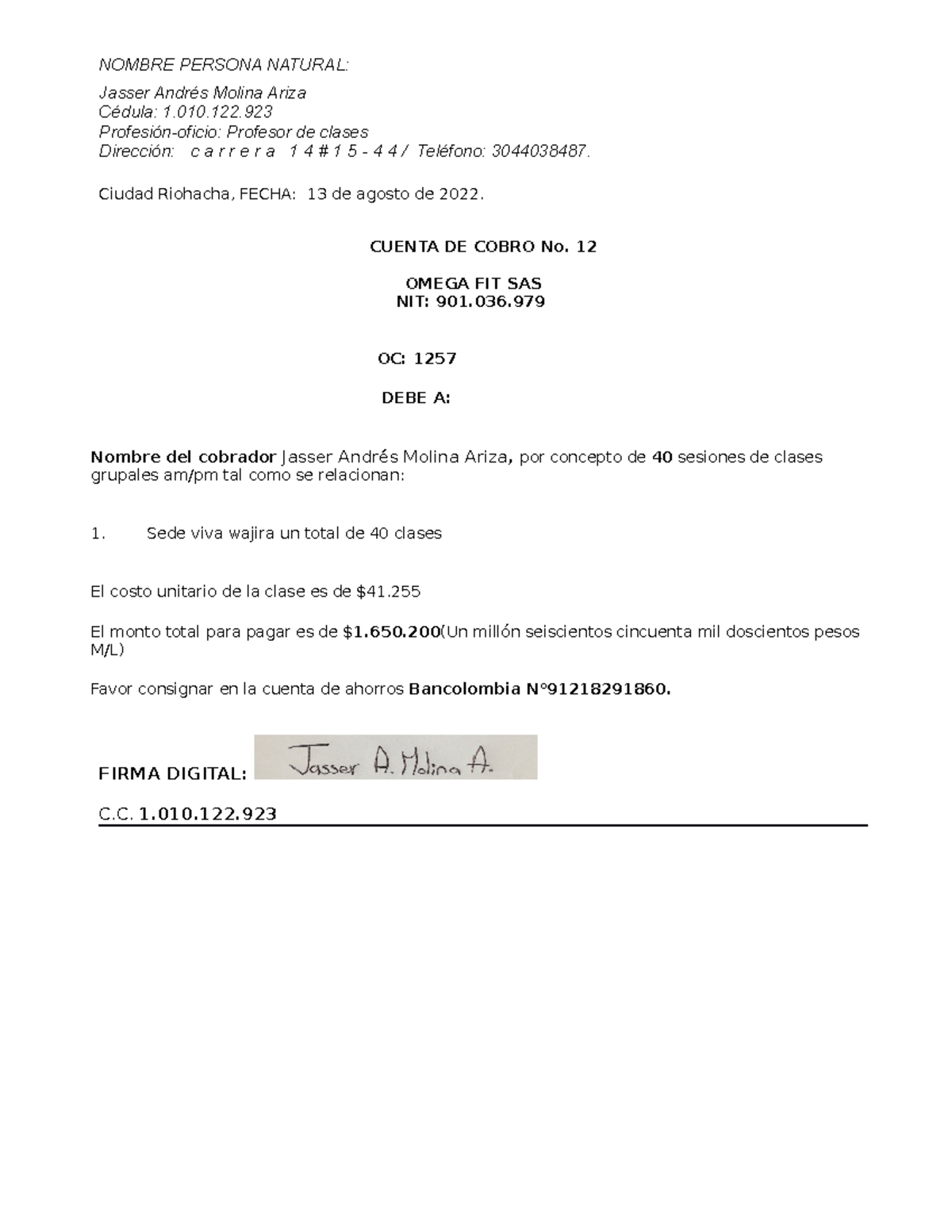 Modelo de Cuenta de Cobro - Jasser Andrés Molina Ariza - Studocu