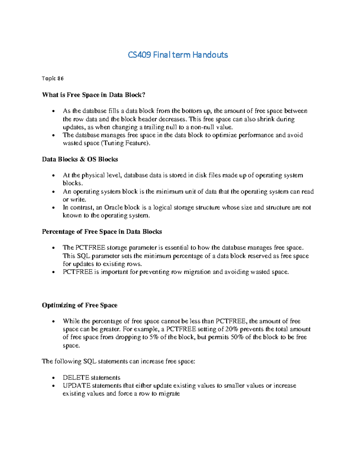 CS409 Final Term Study Handouts & MCQs on Database Fundamentals - Studocu