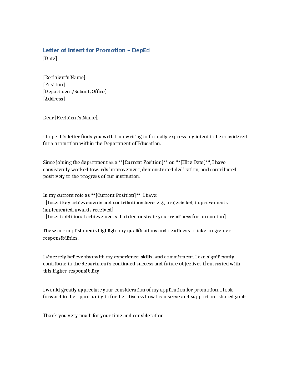 Letter of Intent for Promotion - DepEd Template - Studocu