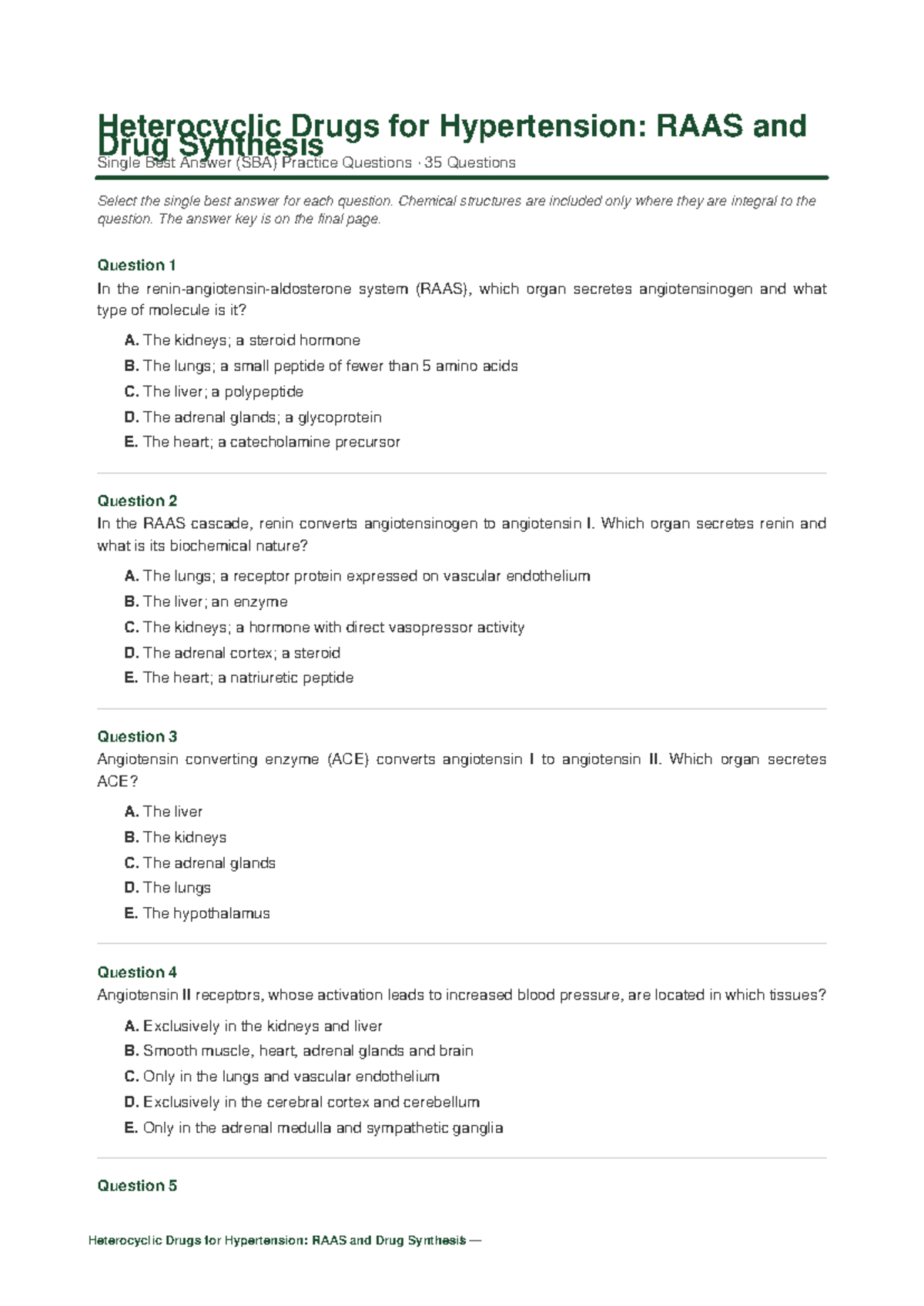 Heterocyclic Drugs for Hypertension: RAAS MCQs Practice Questions - Studocu