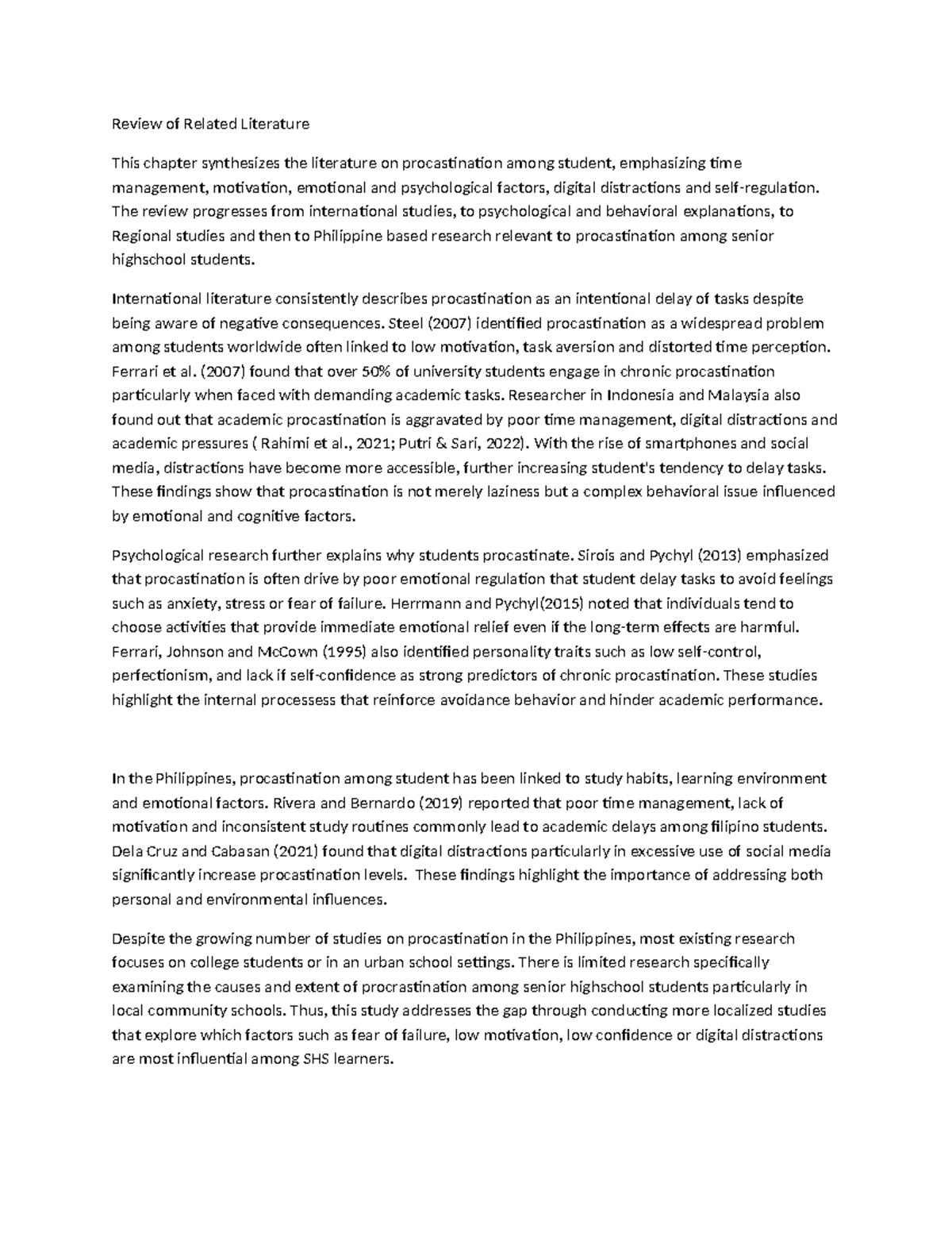 Review of Related Literature on Procrastination Among SHS Students ...
