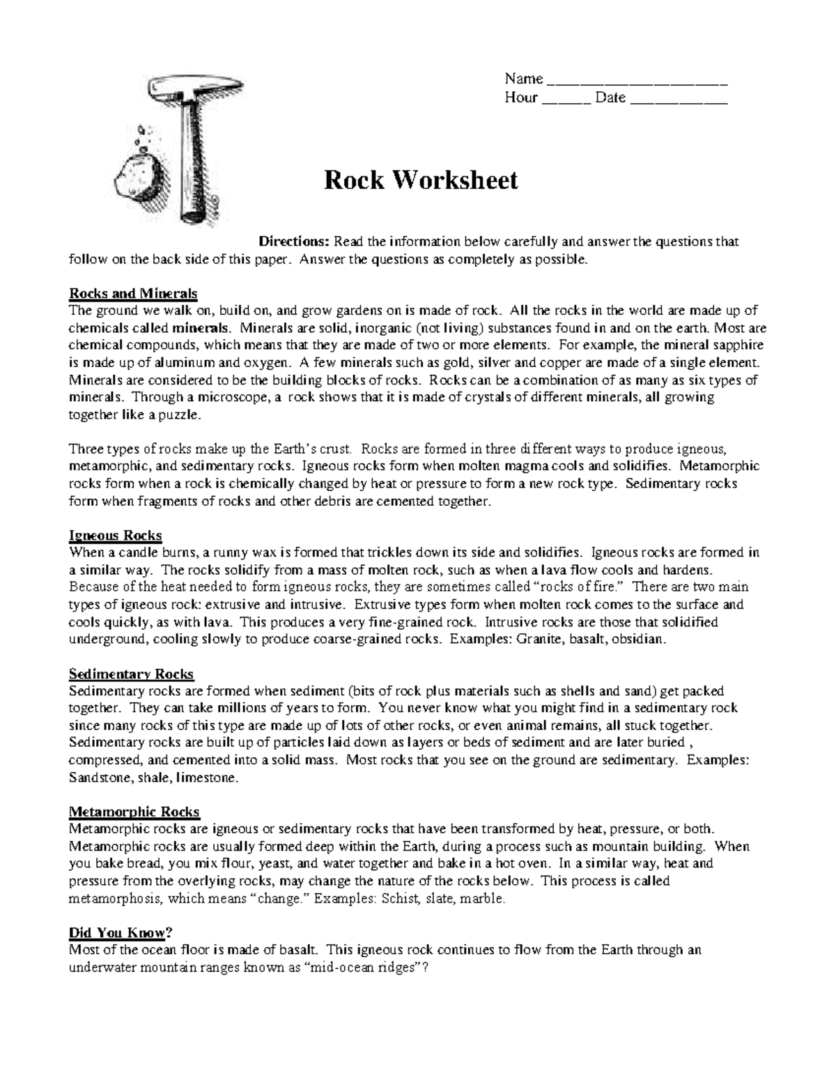 Rock Worksheet: Understanding Rocks & Minerals - Info & Questions - Studocu