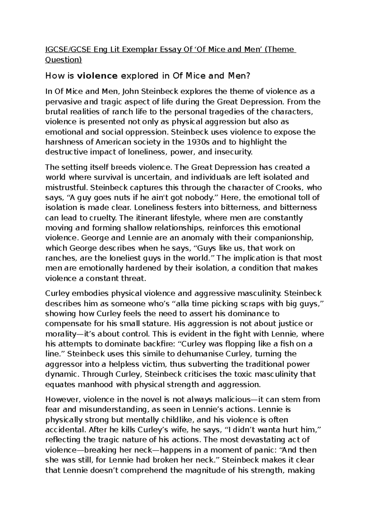 IGCSE/GCSE English Literature Exemplar Essay: Violence in Of Mice and ...