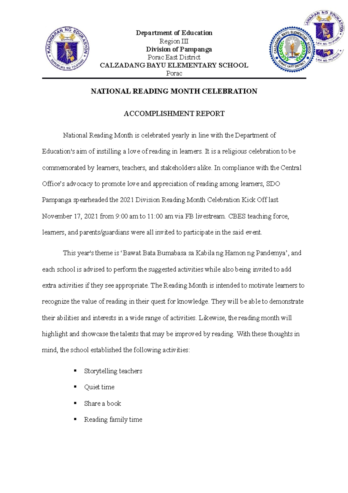 CBES Final Accomplishment Report: 2021 Reading Month Celebration - Studocu