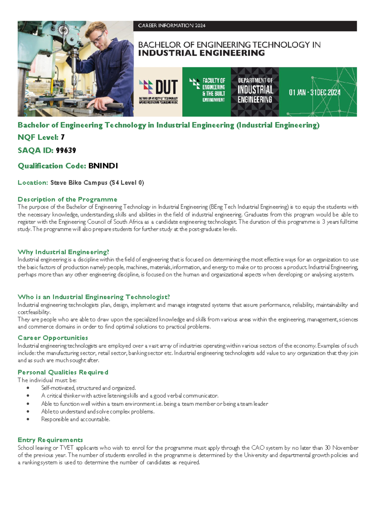 EBE Industrial Engineering - Course Outlines and Program Details - Studocu