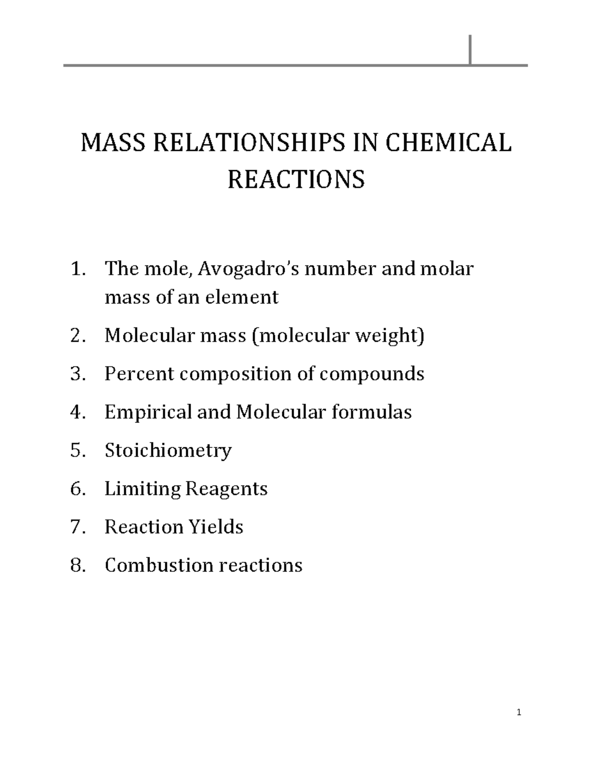 Chem 110 - The Mole Mass Relations and Stoichiometry - MASS ...