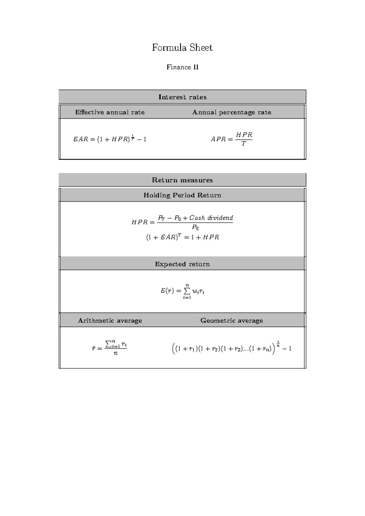 FIN II Formula Sheet: Interest Rates, Returns, and Risk Measures - Studocu
