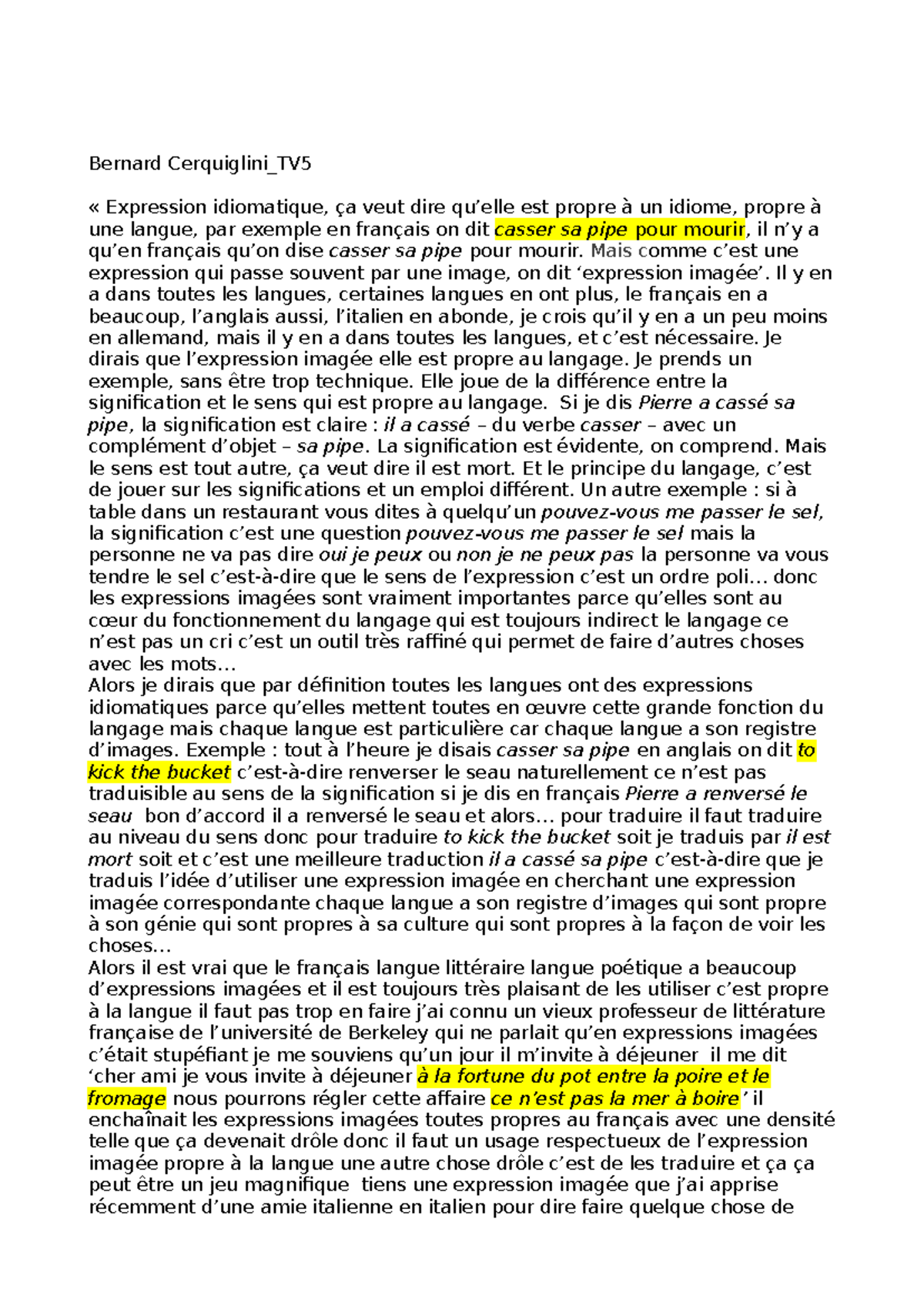 Cerquiglini_TV5 Expressions Idiomatiques et Leur Importance - Studocu