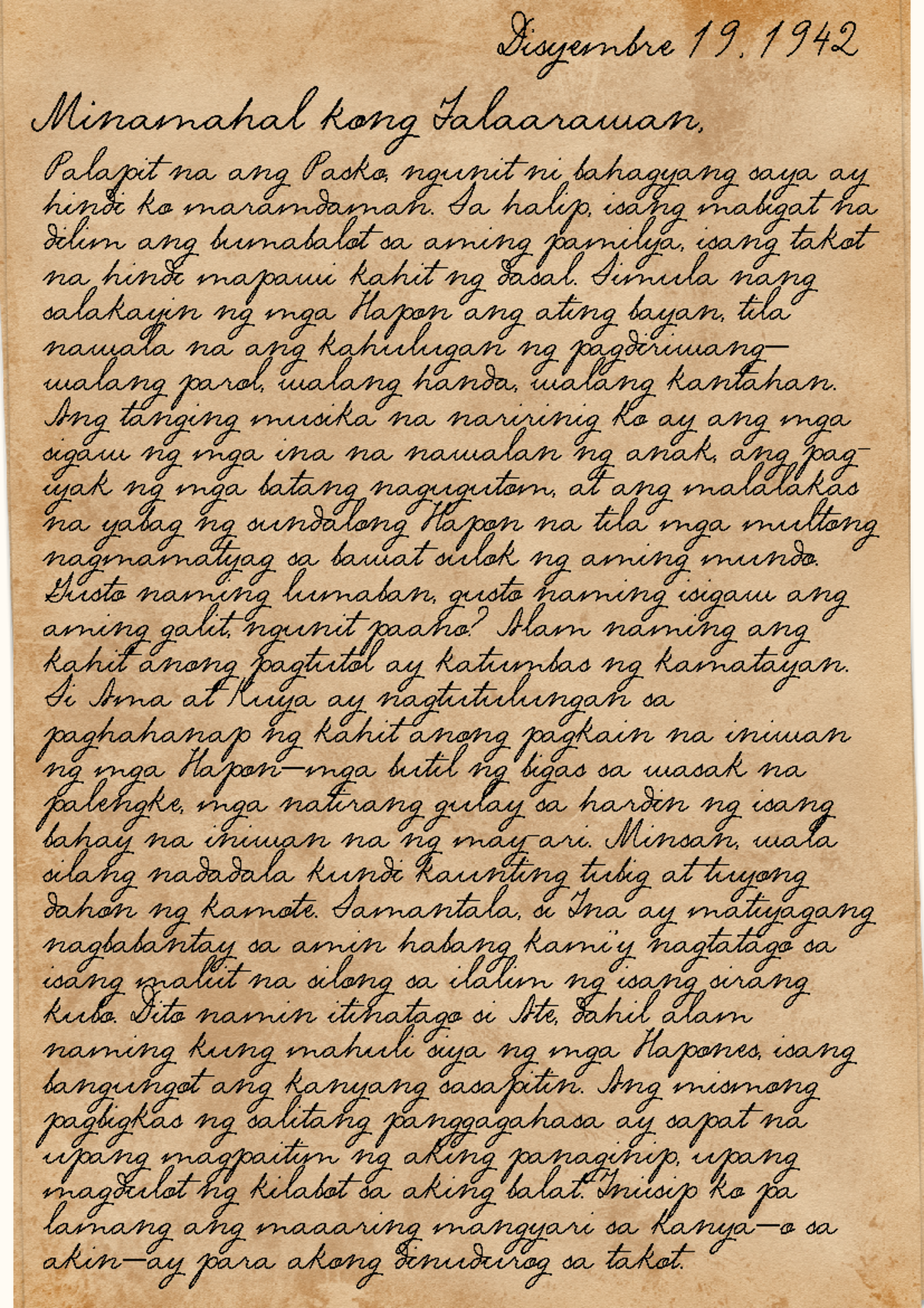 Fictional Diary Example - Minamahal kong Talaarawan, Disyembre 19, 1942 ...