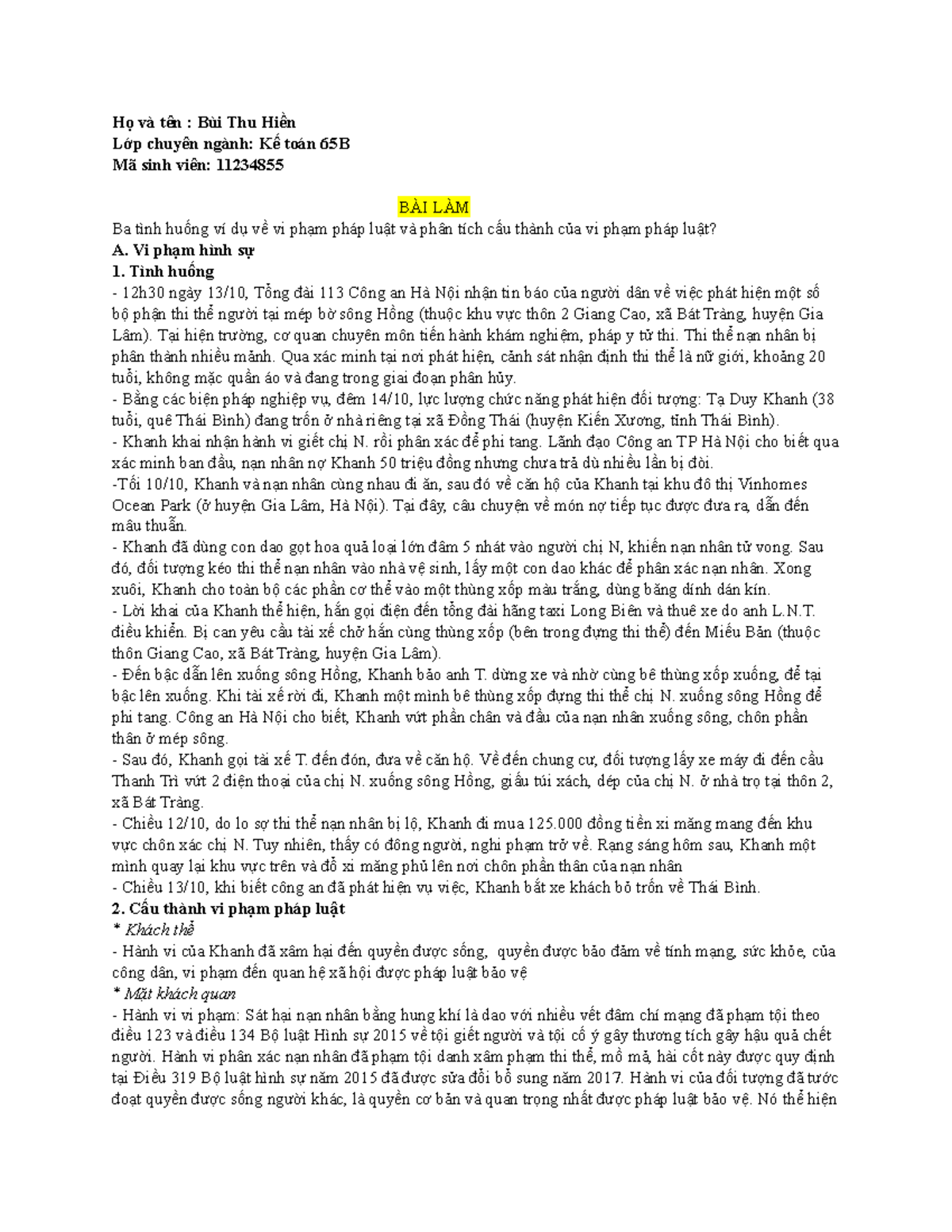 Pldc t6 - Phân Tích 3 Ví Dụ Vi Phạm Pháp Luật và Cấu Thành - Studocu