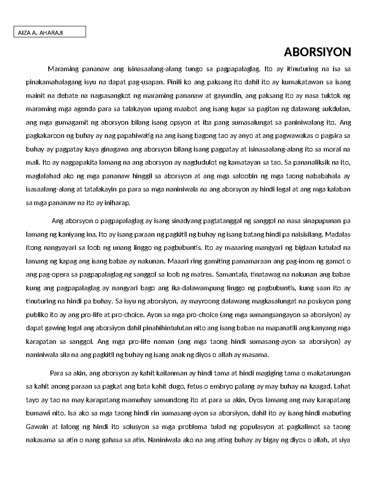 ABORSYON: Isyu ng Hidwang Pananaw at Moral na Pagsusuri - Studocu