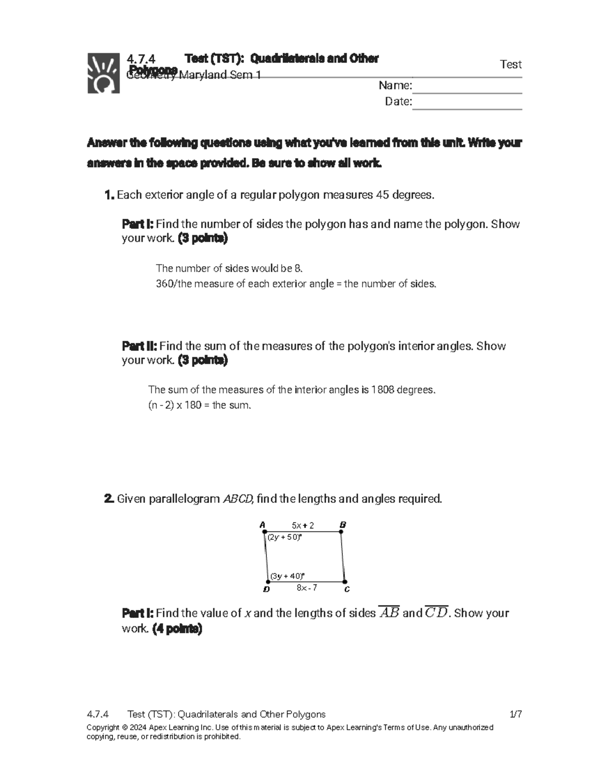 4.7.4 TST - Quadrilaterals & Polygons: Geometry Test Guide - Studocu