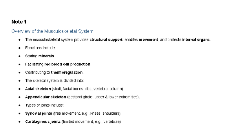 MSK 101 Lecture Notes: Overview of the Musculoskeletal System - Studocu