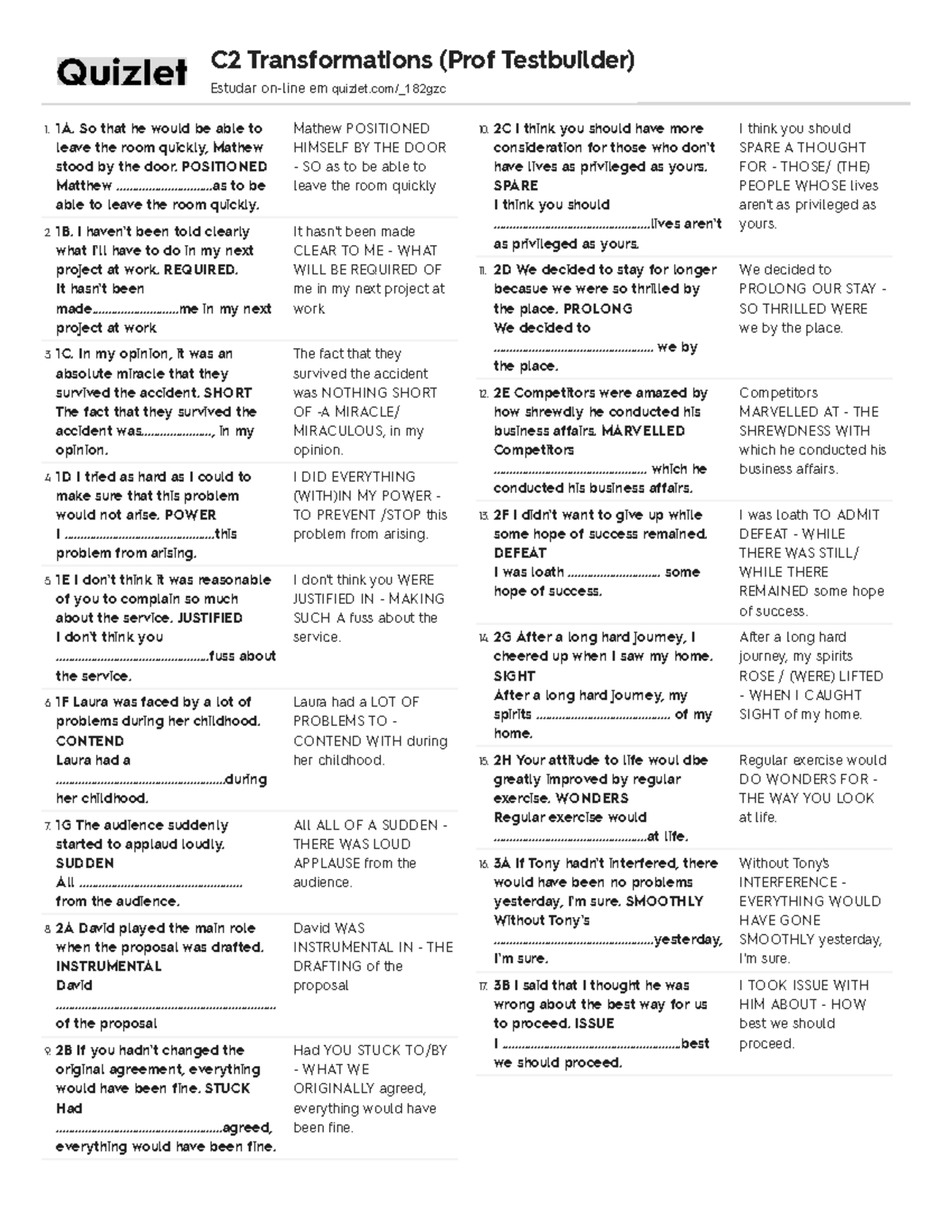 31 English Key Word Transformation Sentences CPE-C2. (Prof Testbuilder ...