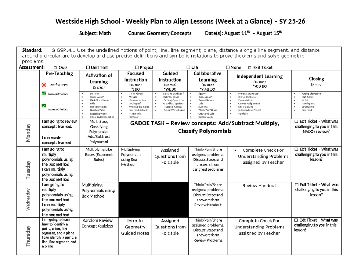 Geometry Weekly Lesson Plan (Week of Aug 11-15) - SY Math - Studocu