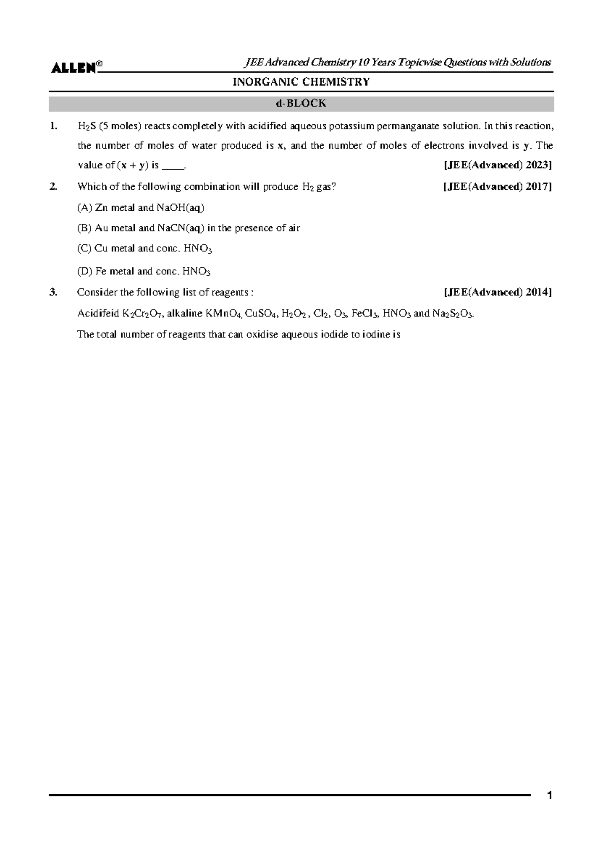 JEE Advanced Chemistry: 10 Years Topicwise Questions & Solutions - Studocu
