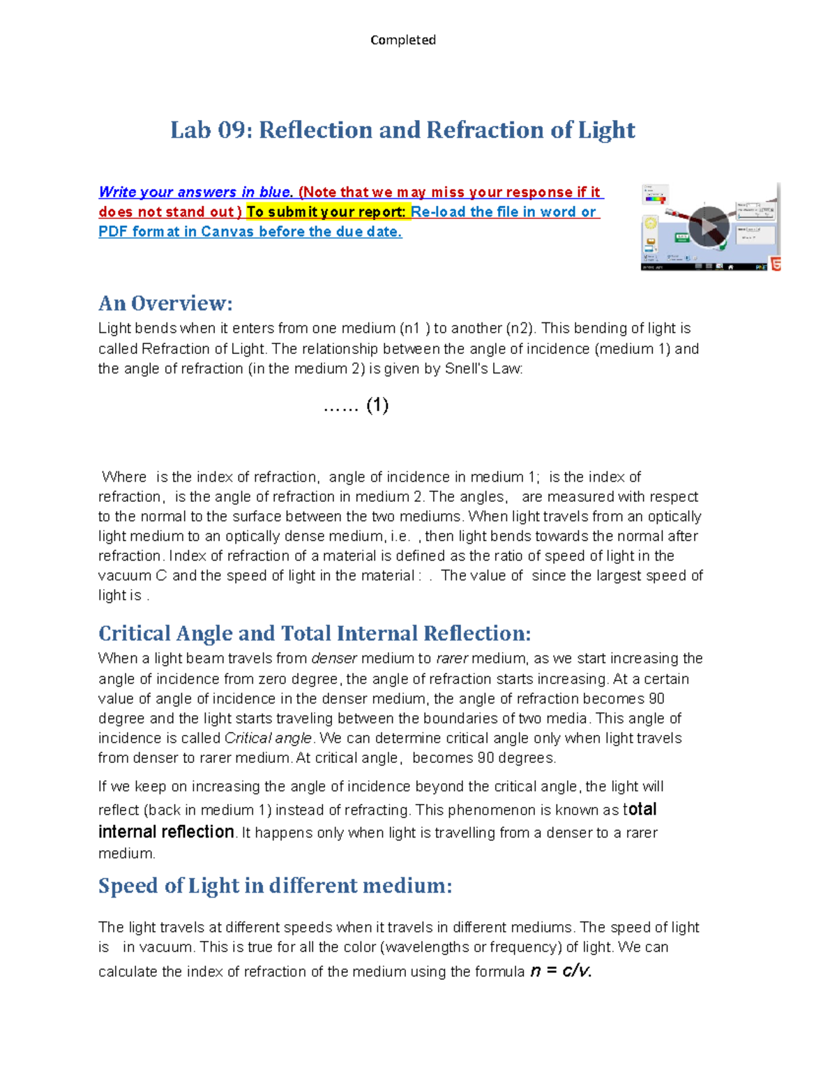 Lab 09: Reflection and Refraction of Light Analysis and Report - Studocu