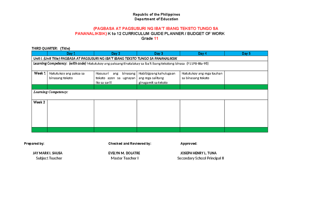 K to 12 Grade 11 PAGBASA AT PAGSUSURI Curriculum Guide (Third Qtr ...