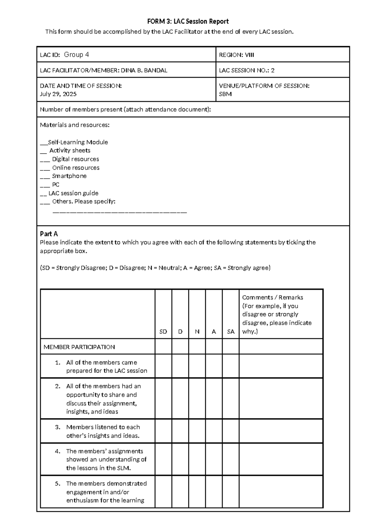 FORM 3: LAC Session Report for Group 4 - July 29, 2025 - Studocu