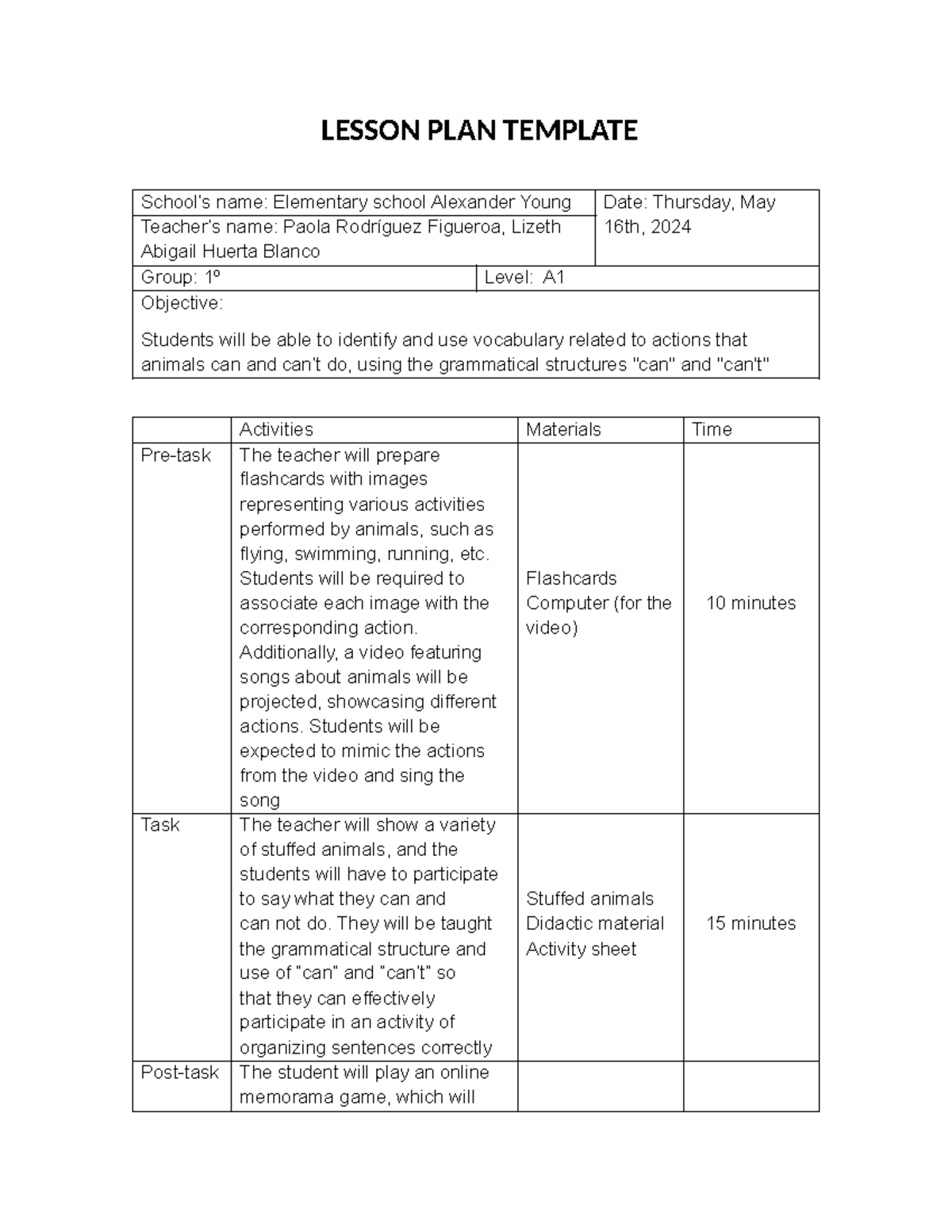 A1 Level Lesson Plan: Animal Actions & Vocabulary Activities - Studocu