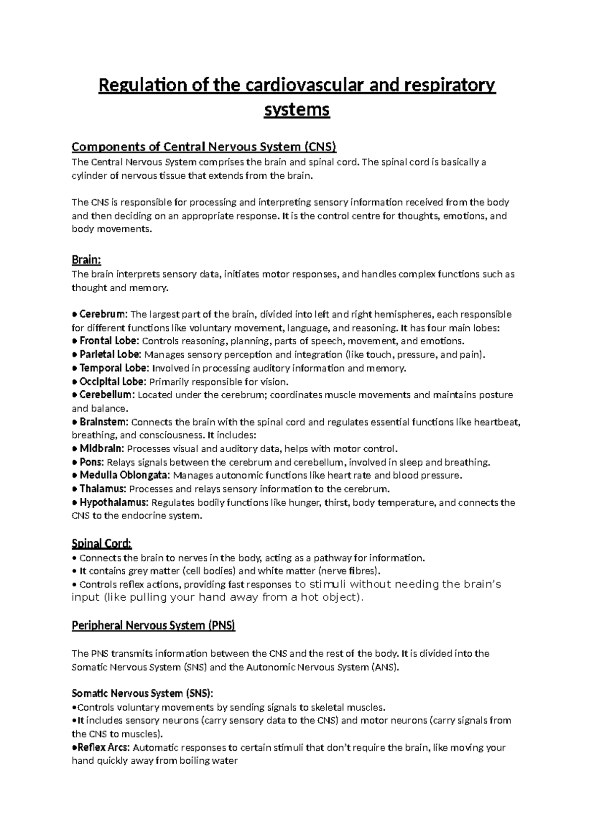 9A Human Regulation and Reproduction: CNS, Cardiovascular, and ...