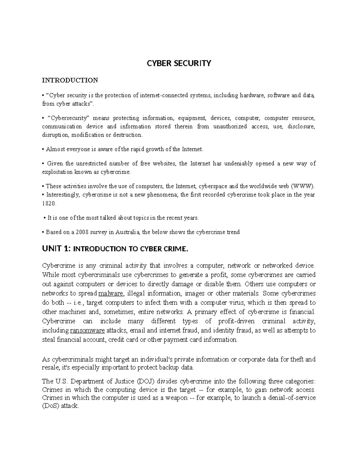 CYBER SECURITY UNIT-1: INTRODUCTION TO CYBER CRIME OVERVIEW - Studocu