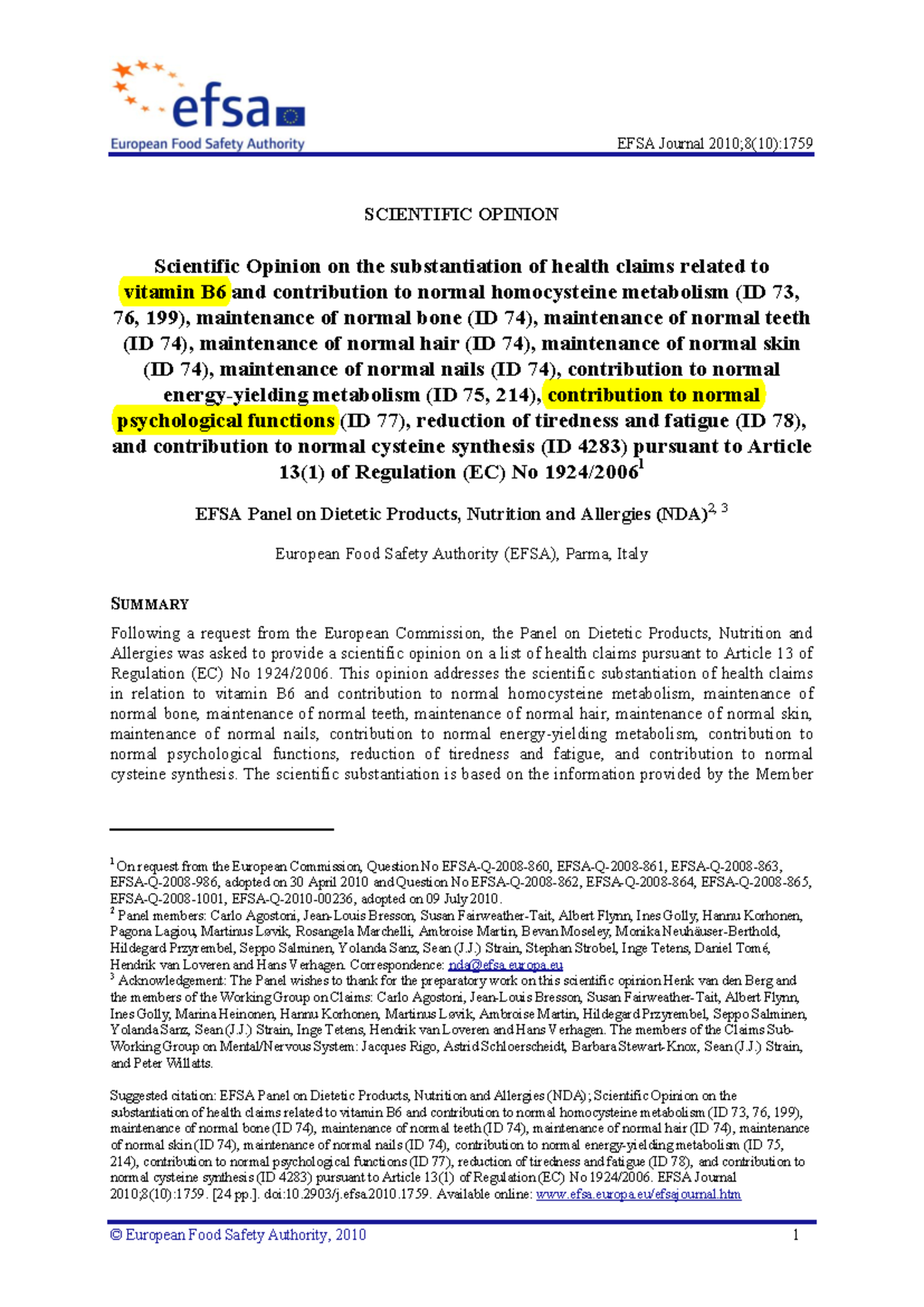 EFSA Journal: Scientific Opinion on Health Claims for Vitamin B6 - Studocu
