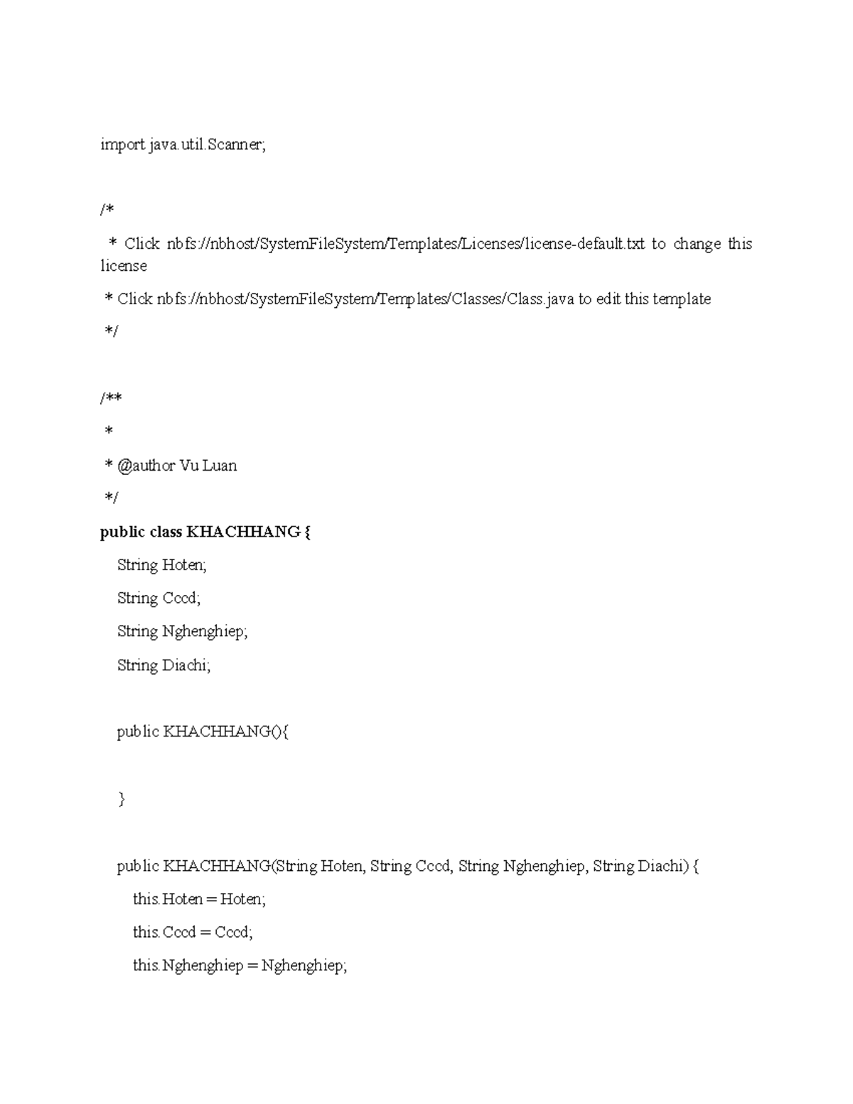Java Class Implementation for KHACHHANG and Student Management - Studocu