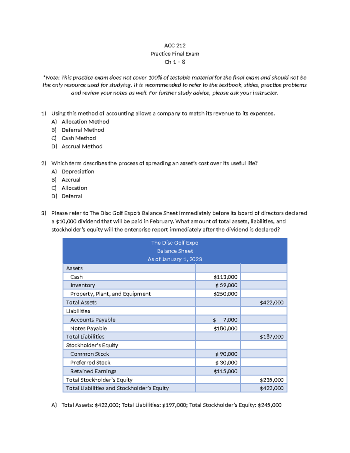 ACC 212 Practice Final Exam Review: Chapters 1-8 - Studocu