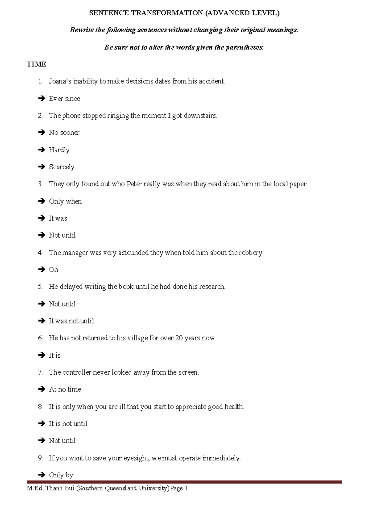 SENTENCE TRANSFORMATION EXERCISES (ADVANCED LEVEL) - Studocu