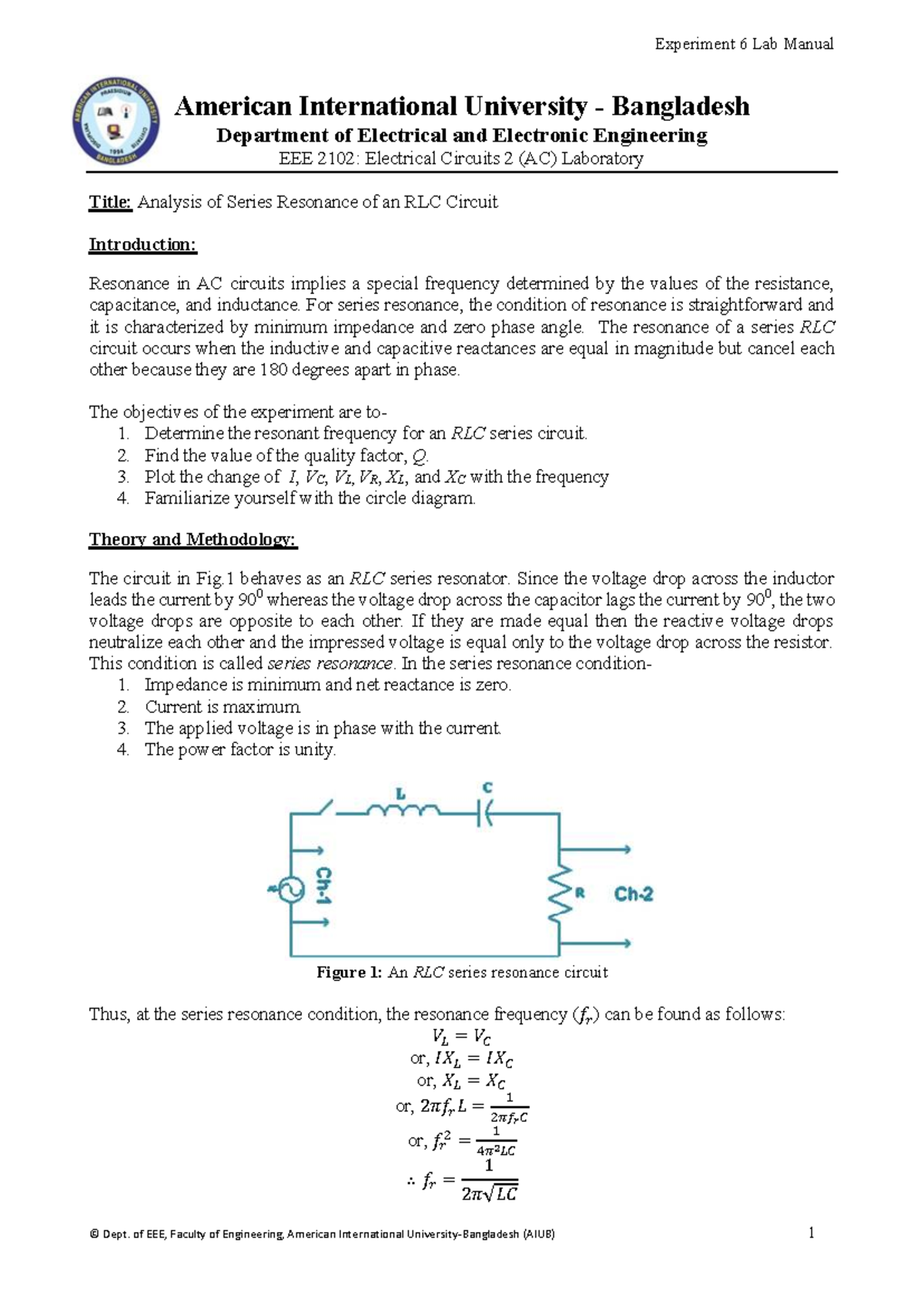 EC2102: AC Lab Experiment 6 - Series Resonance of RLC Circuit - Studocu