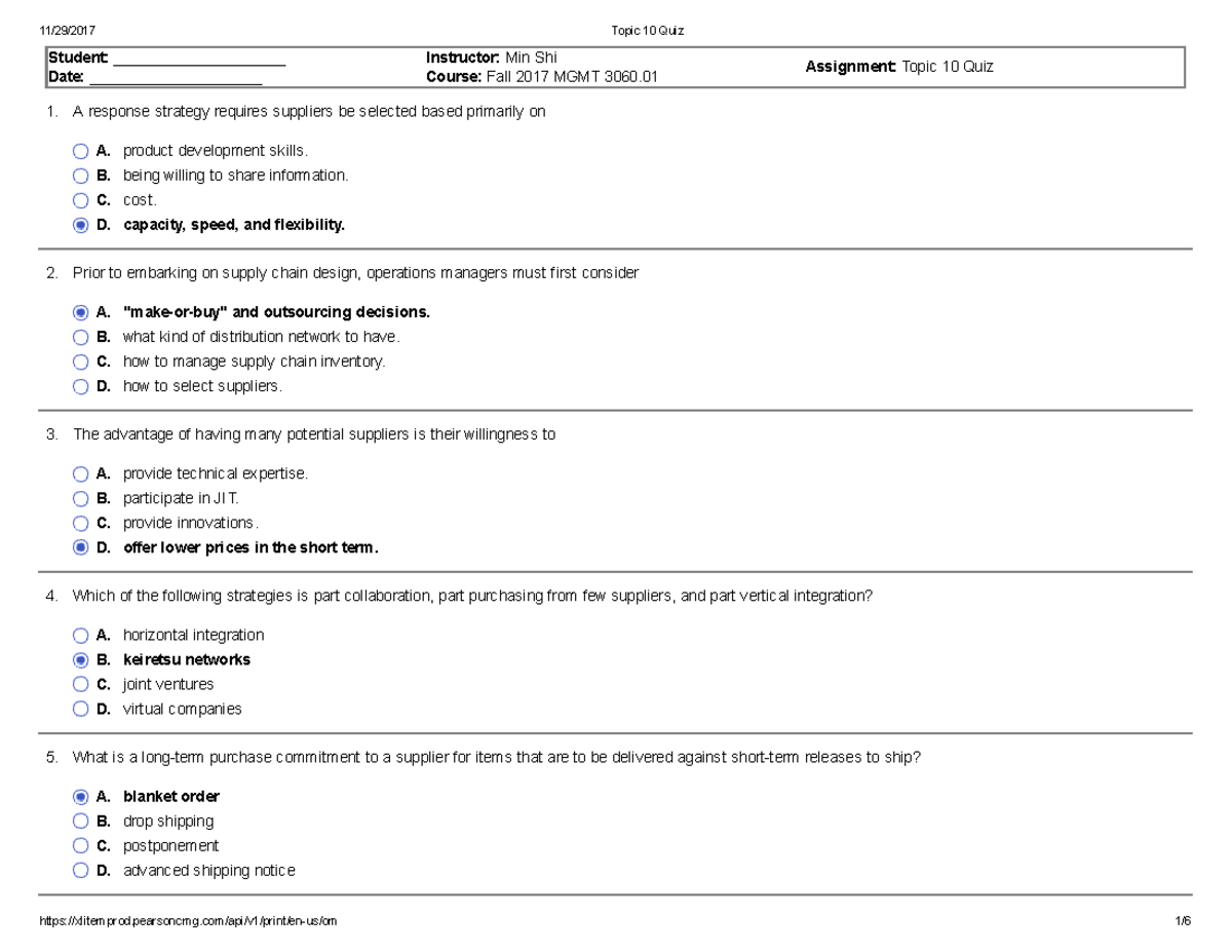 Topic 10 Quiz - Quiz - 1. 2. 3. 4. 5. Student ...