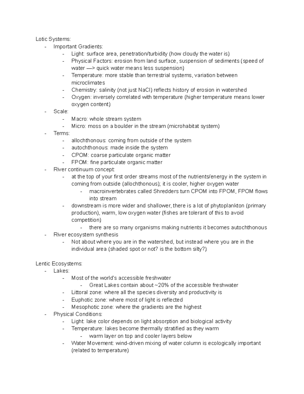 Ecology Unit 2: Lotic & Lentic Ecosystem Notes (Final Exam Prep) - Studocu