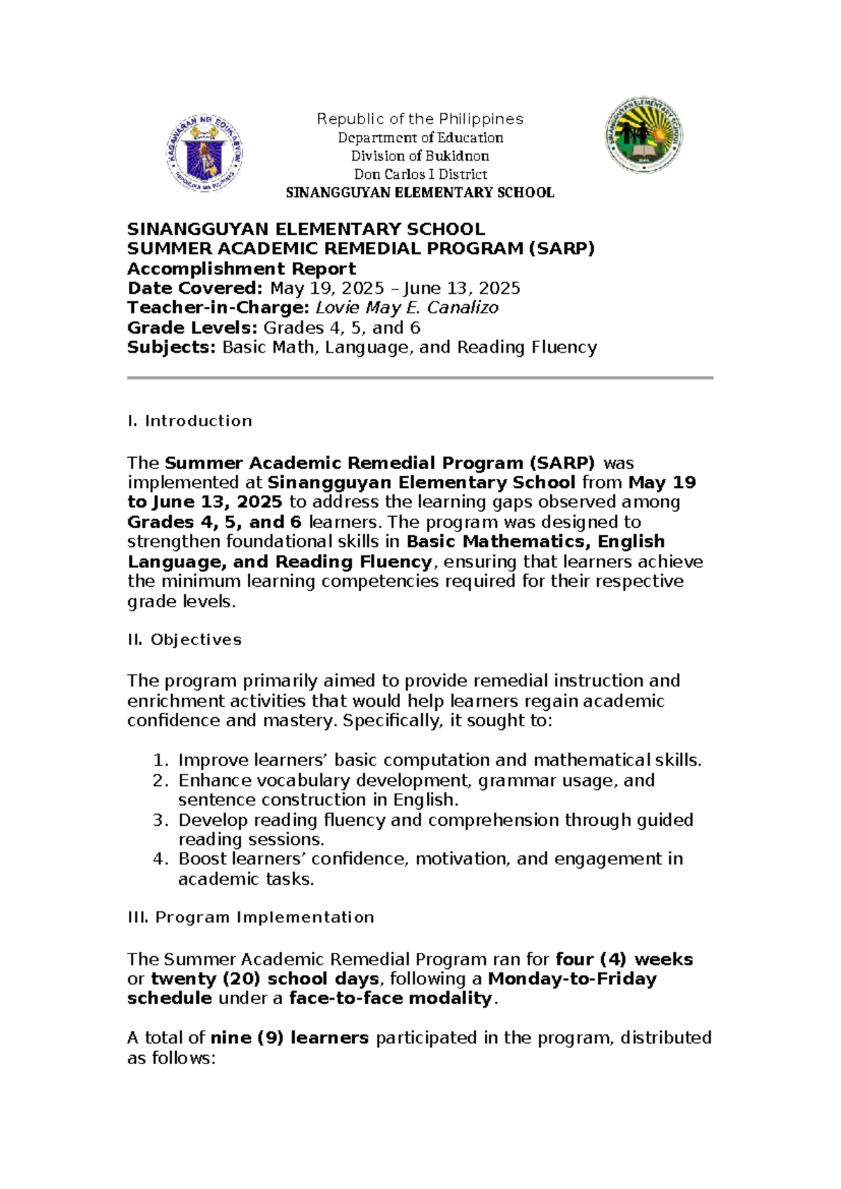 SARP Accomplishment Report: Summer Remedial Program 2025 - Studocu