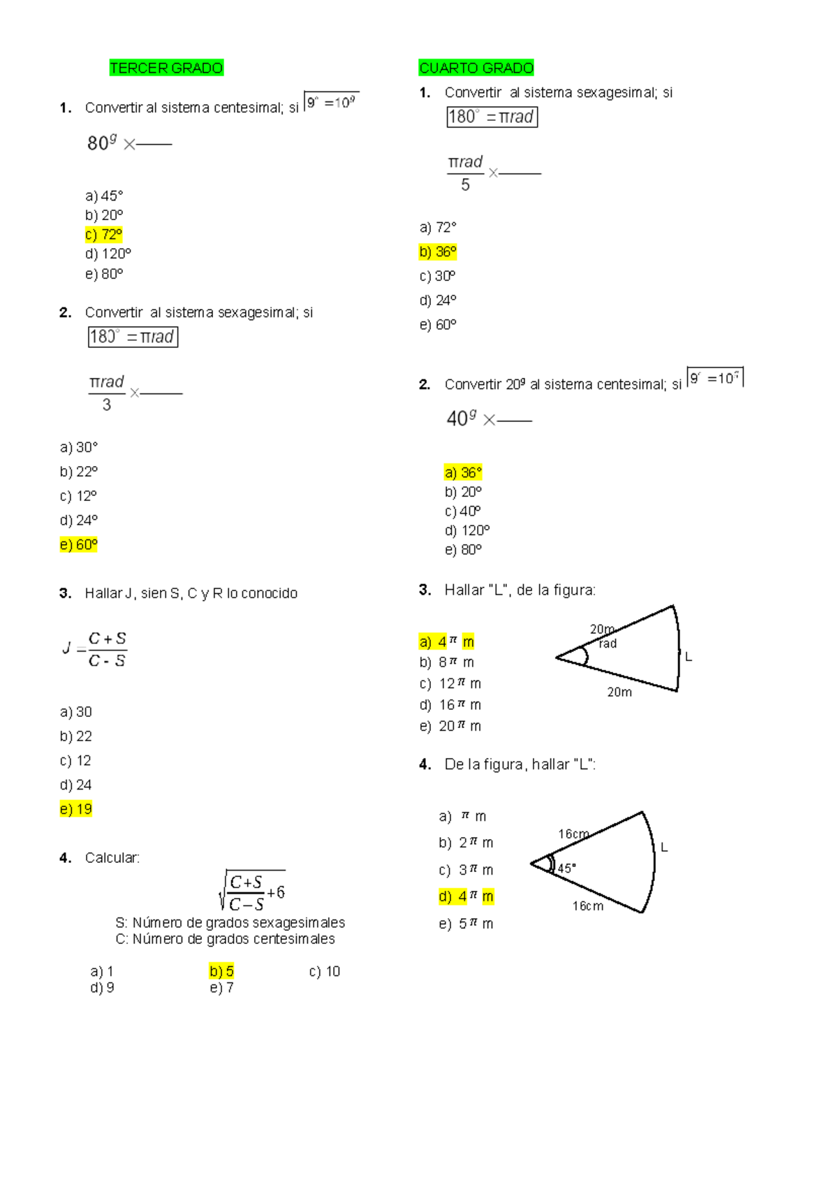 Trigo 3ER EXAM - Matemática: Conversión de Grados y Cálculos - Studocu