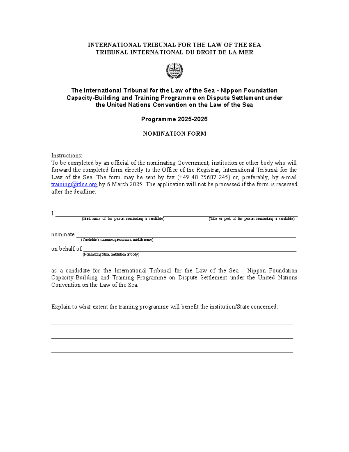 Nomination Form for ITLOS-Nippon Training Programme 2025-2026 - Studocu