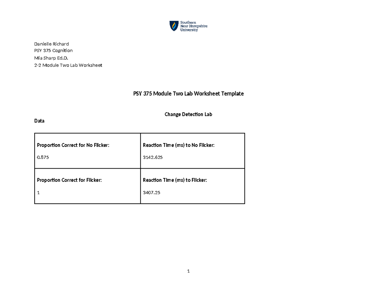 PSY 375 Change Detection and Stroop Effect Lab Worksheet - Studocu