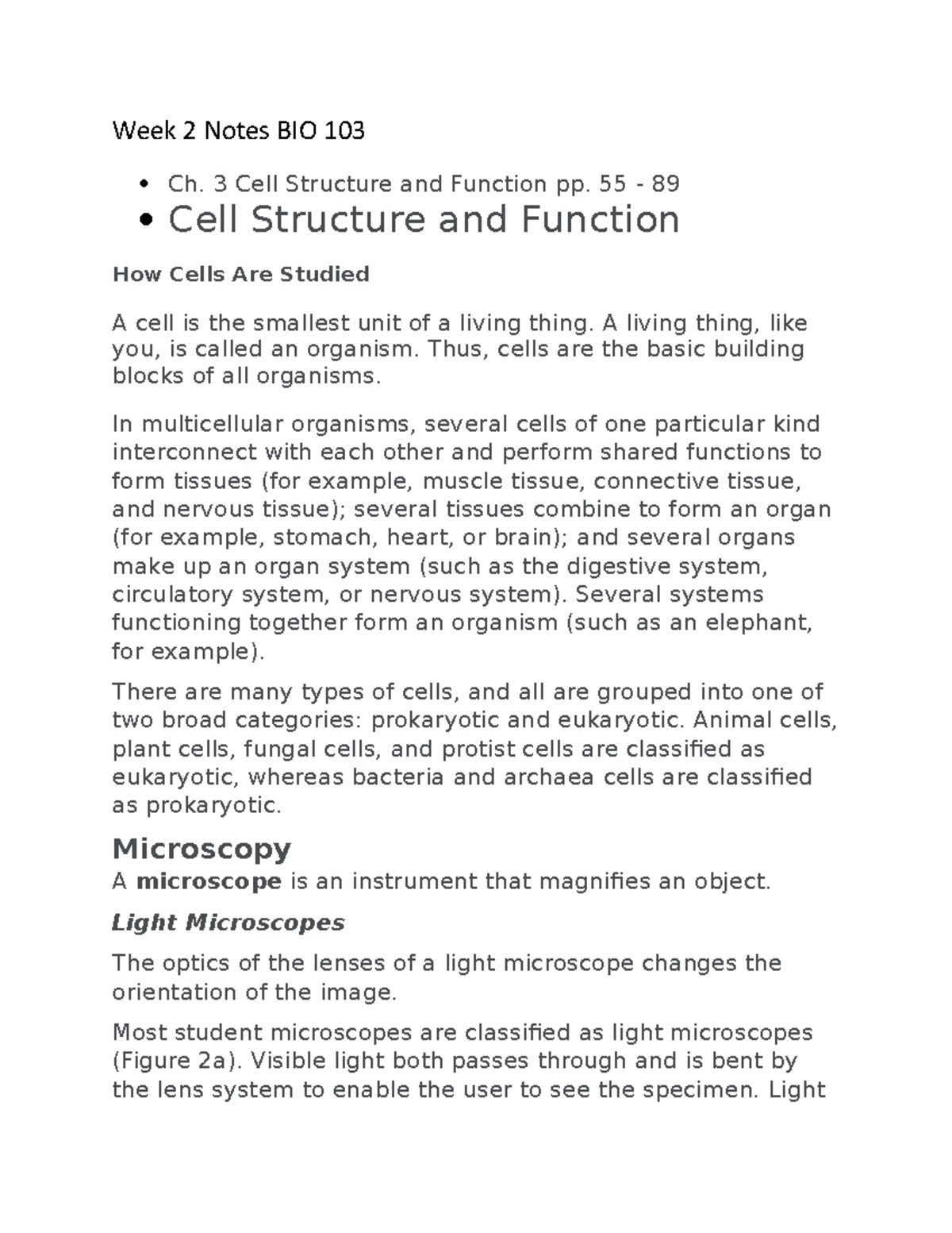 Week 2 Lecture Notes - BIO 103: Chapter 3 - Cell Structure & Function ...