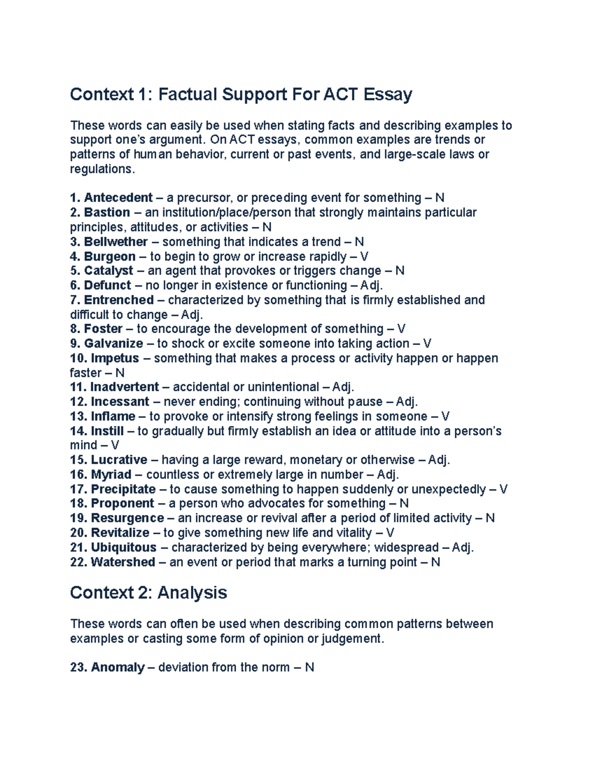 Helpful Vocabulary for ACT Essays (Words & Contexts) - Studocu
