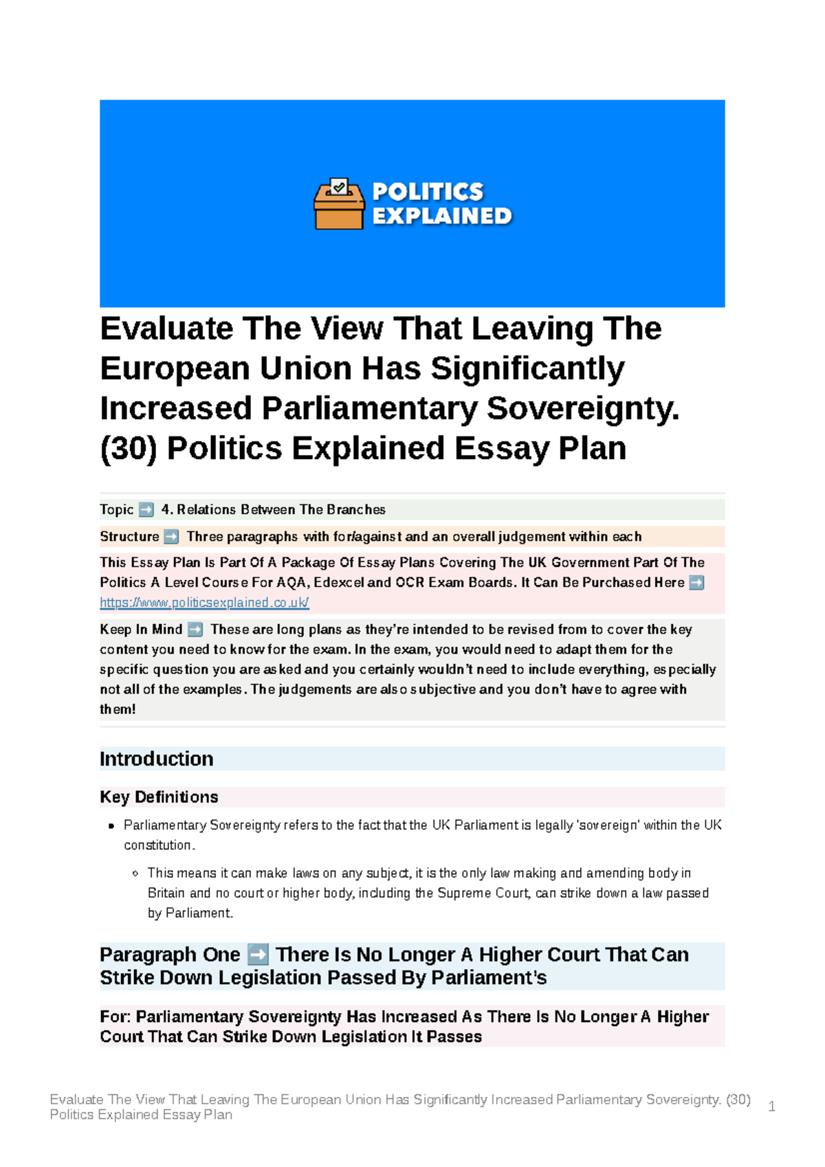 AQA/Edexcel/OCR Politics A Level: Essay Plan on EU's Impact on Parliamentary Sovereignty (30 ...