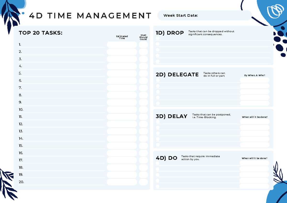 4D TIME MANAGEMENT: Top 20 Tasks for Effective Planning - Studocu