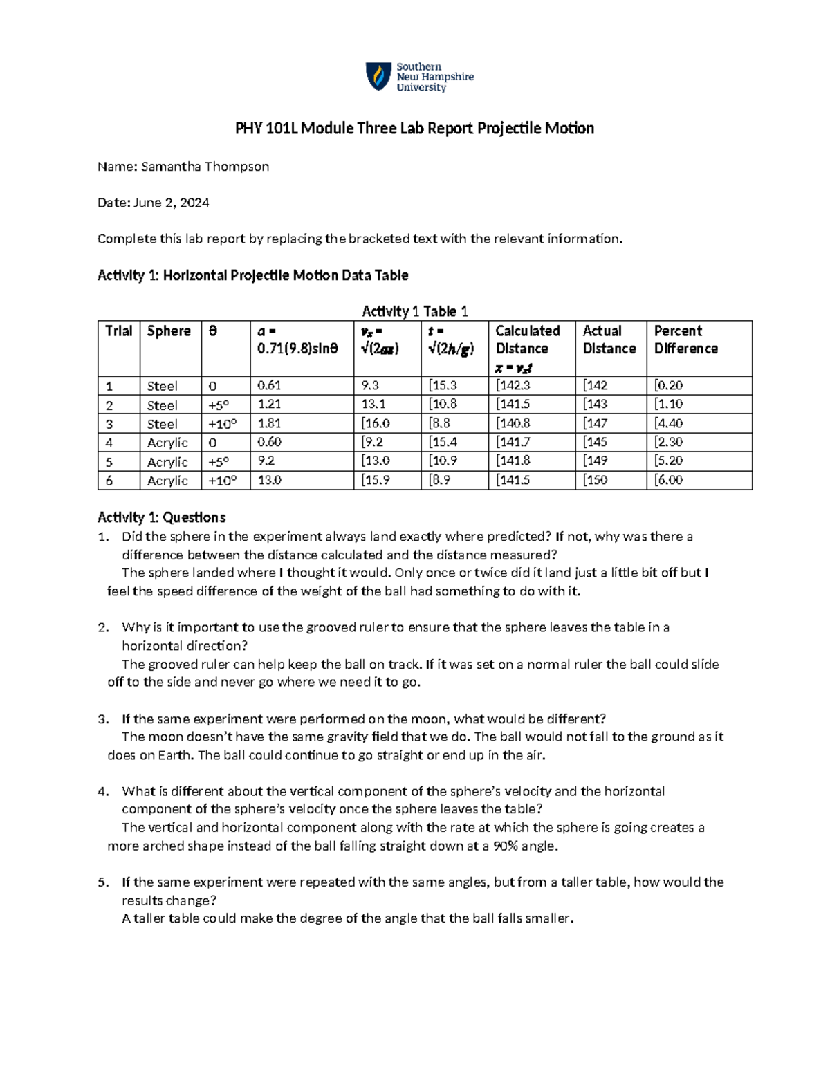 PHY 101L Module Three Lab Report: Analyzing Projectile Motion Data - Studocu