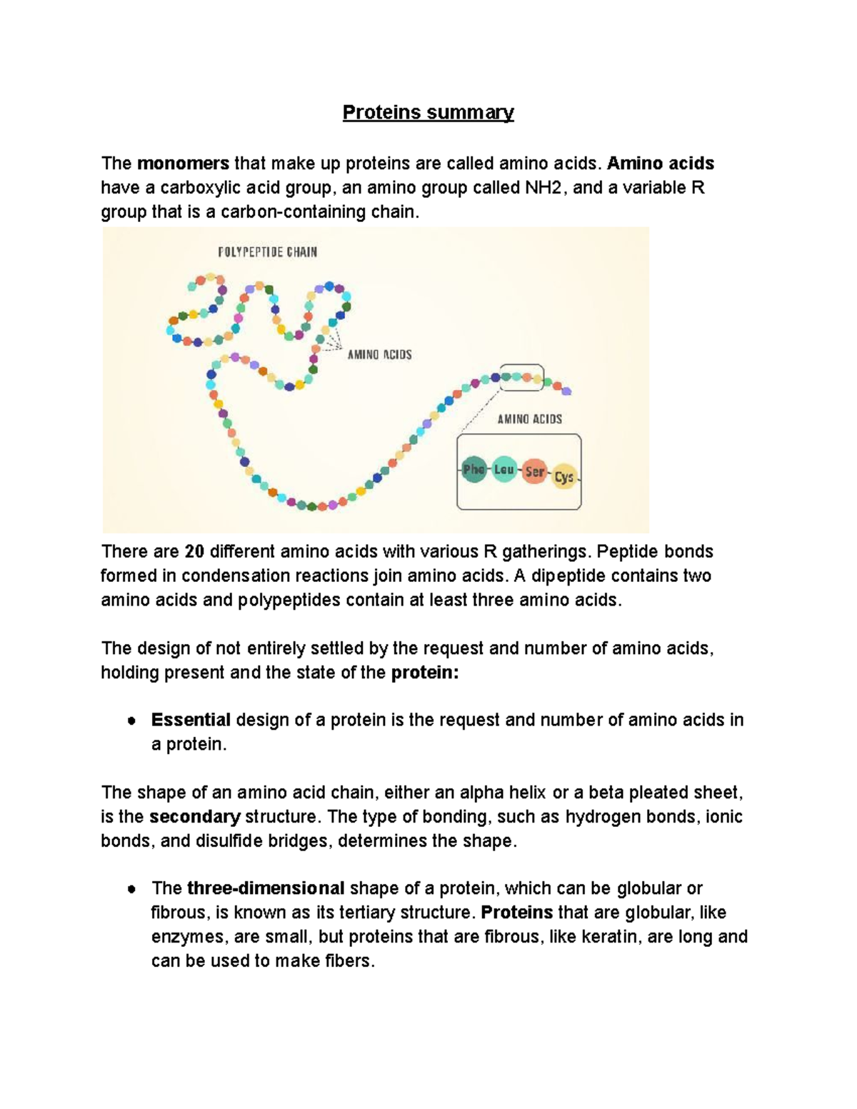Proteins summary - Proteins summary The monomers that make up proteins ...