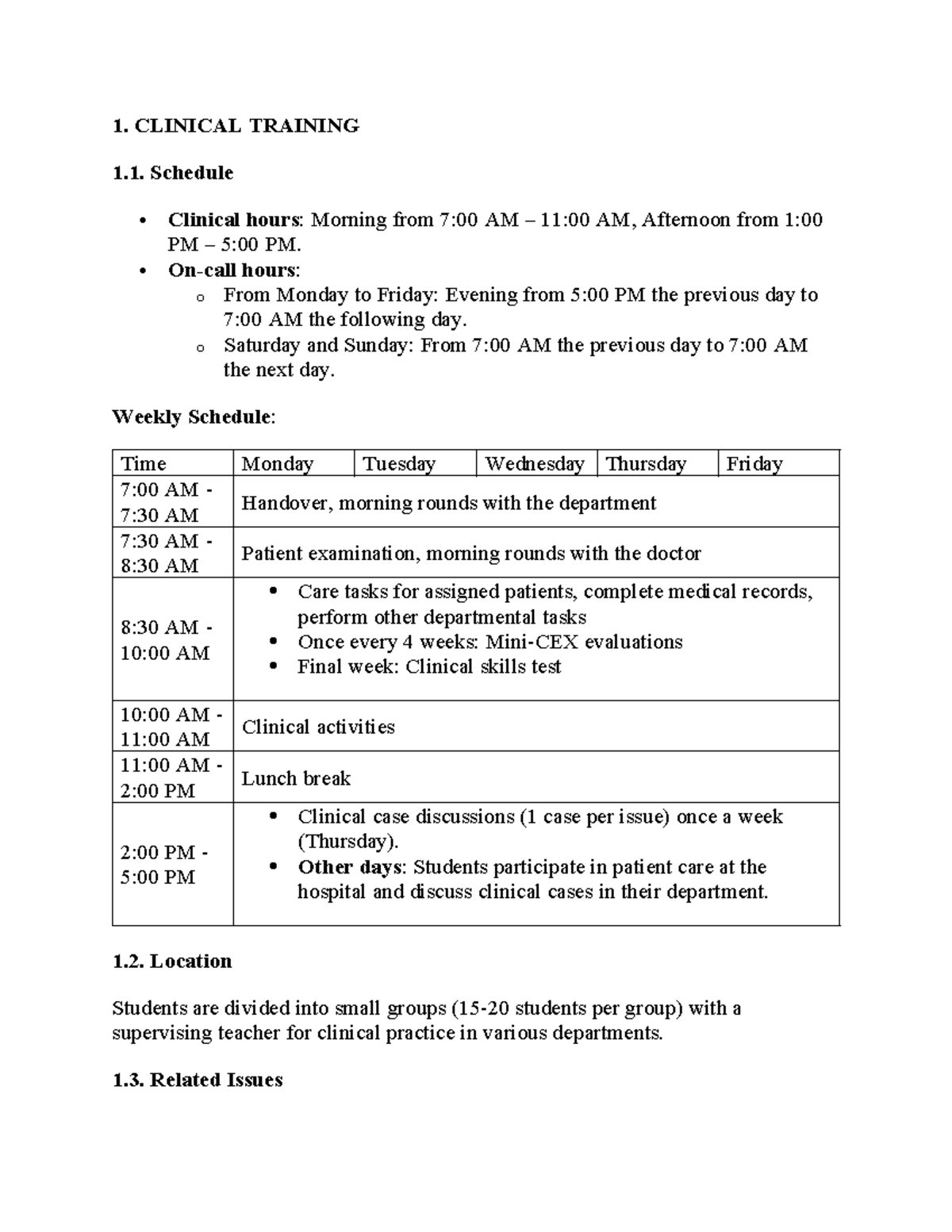 Clinical Training Schedule & Learning Objectives (CLINICAL TRAINING ...